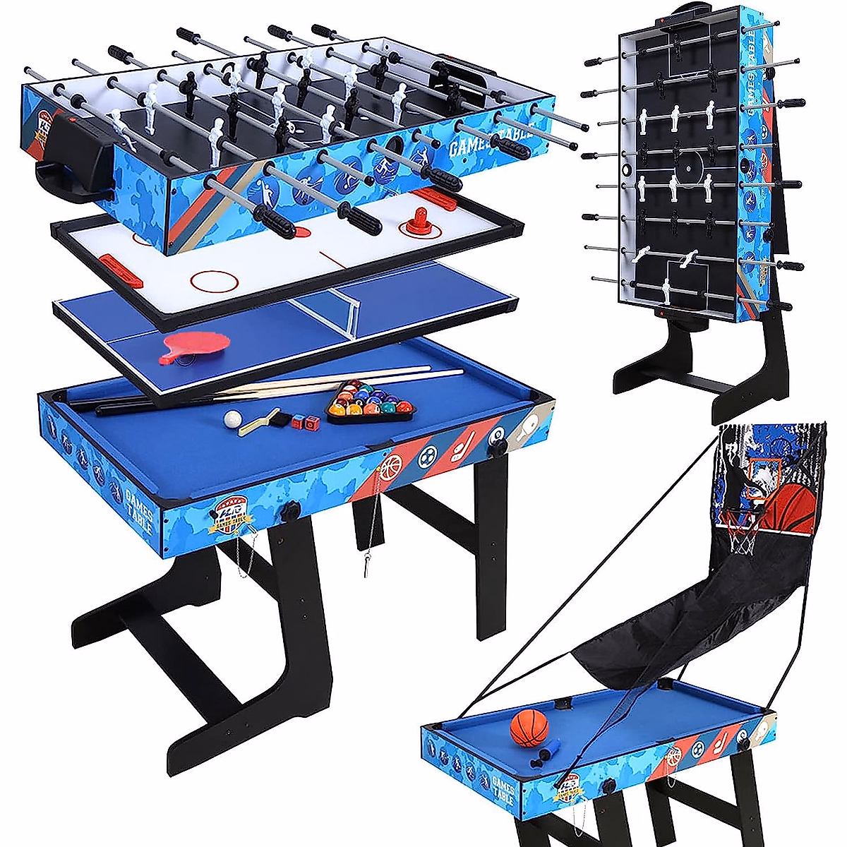 HLC 4FT Multi Function Combo Game Table with Pool Billiard Slide Hockey Foosball Basketball and Table Tennis