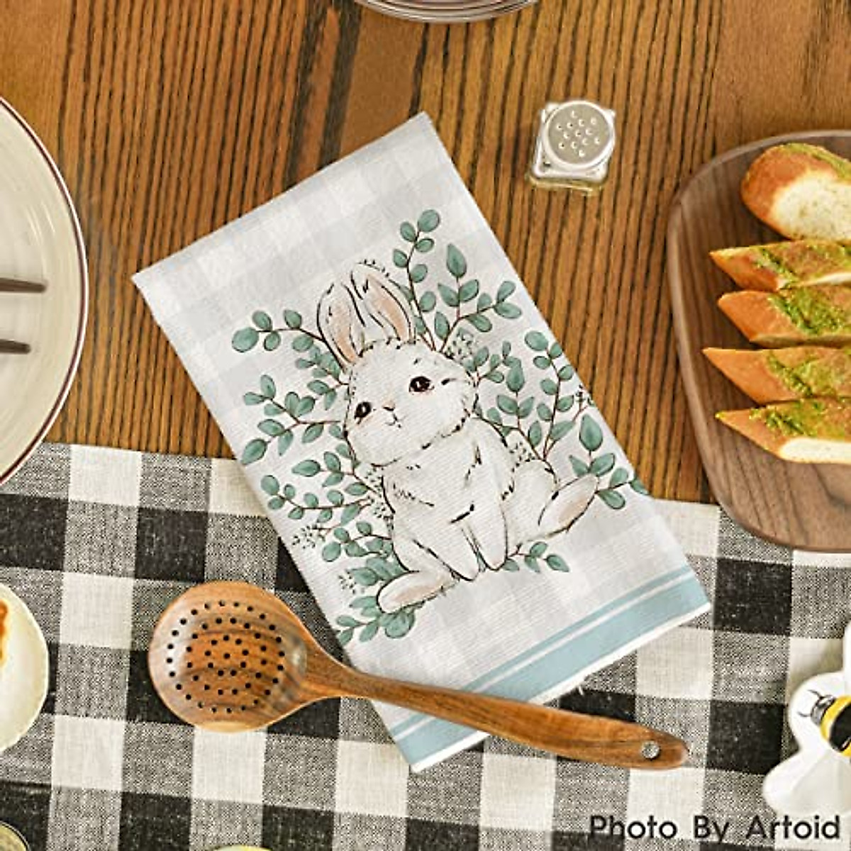 Artoid Mode Buffalo Plaid Rabbit Bunny Eucalyptus Leaves Easter Kitchen Towels Dish Towels, 18x26 Inch Seasonal Spring Holiday Decoration Hand Towels Set of 2