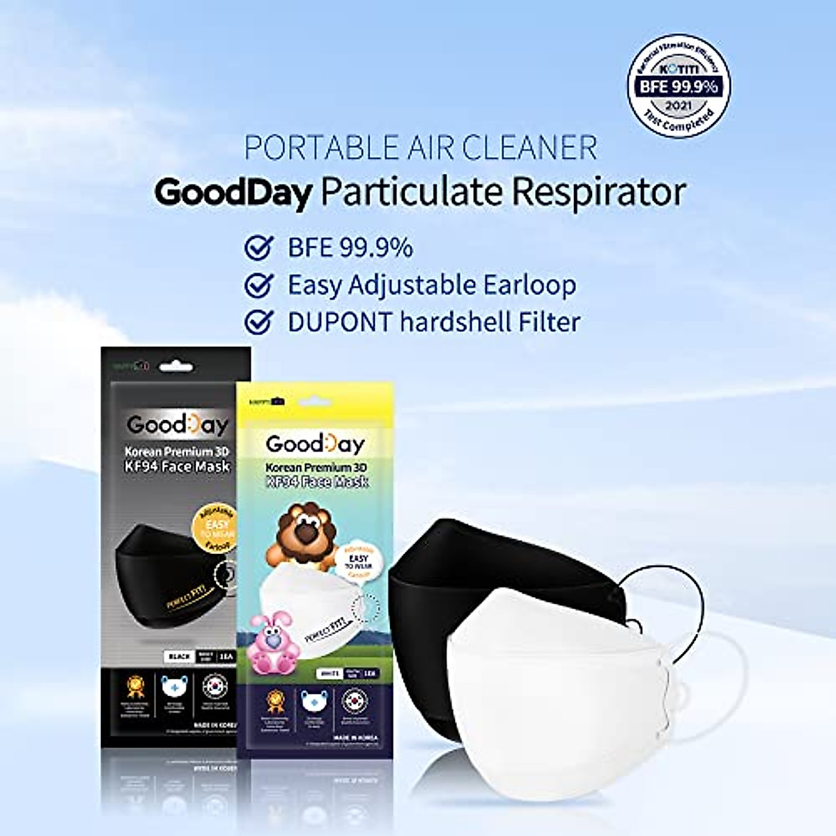 (Pack Of 10) GOODDAY ADJUSTABLE KIDS Certified KF94 Korean Face Mask Disposable Comfortable Youth Children's Face Mask - Small/White