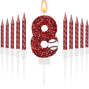 MTLEE Baseball Birthday Number 8 Candle with 10 Long Thin Cupcake Candle Red Baseball Cake Topper Sequins Sports Theme Baseball Birthday Decorations Party Cake Candles for Anniversary Celebrations