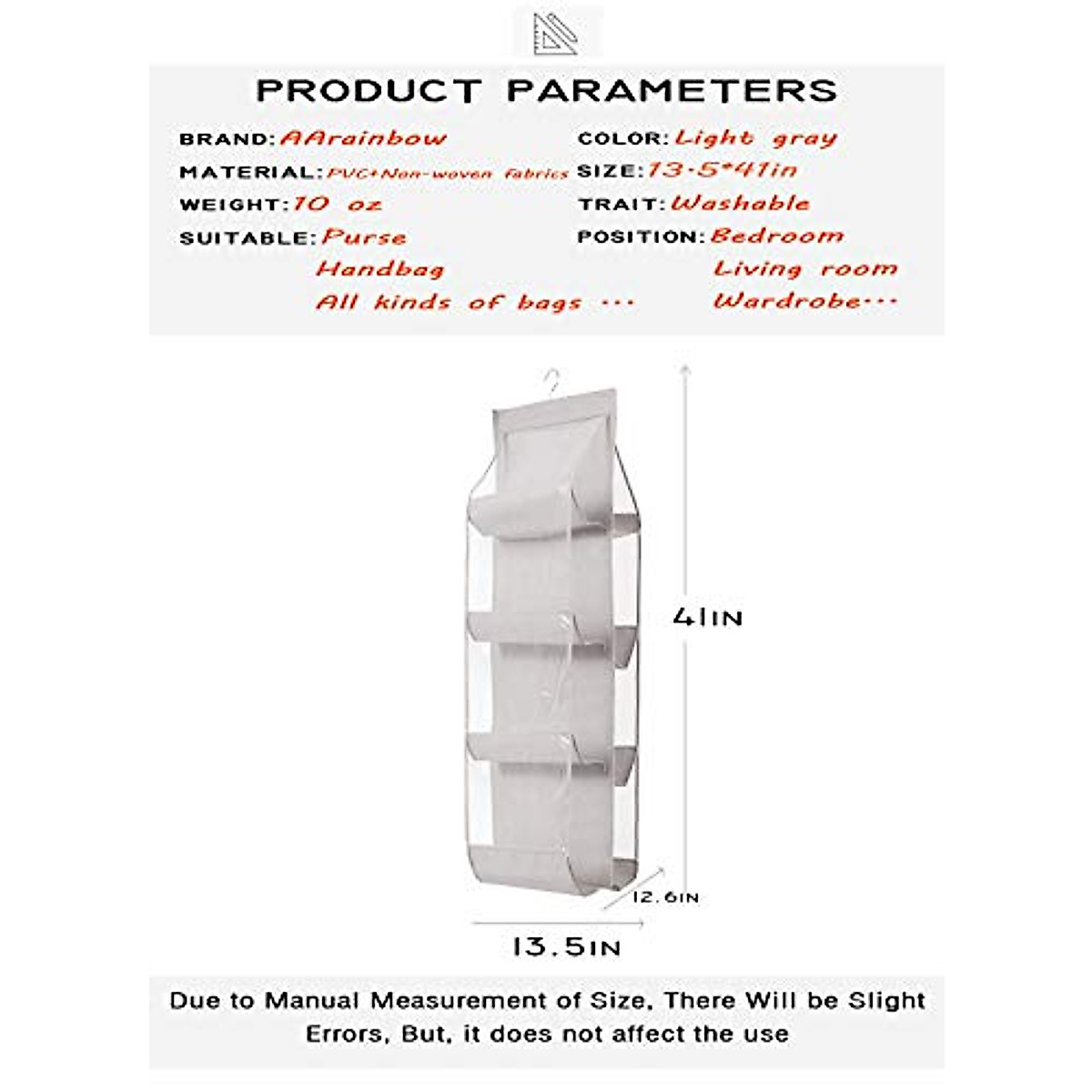 AARAINBOW 1 Pack Hanging Handbag Purse Organizer, Polyester Fiber+PVC Purse Bag Organizor 8 Pockets Wardrobe Closet Space Saving, Washable, 41L x 13.5W (B-Light Gray)