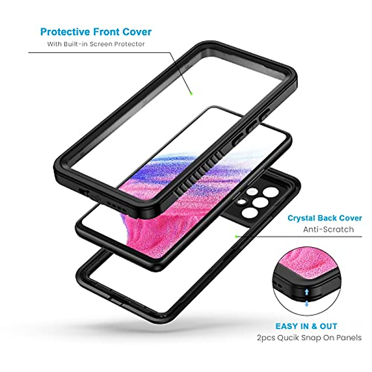 Lanhiem Samsung Galaxy A53 5G Case, IP68 Waterproof Dustproof Case with Built-in Screen Protector, Rugged Full Body Shockproof Phone Cover for Samsung A53 5G, Black/Clear