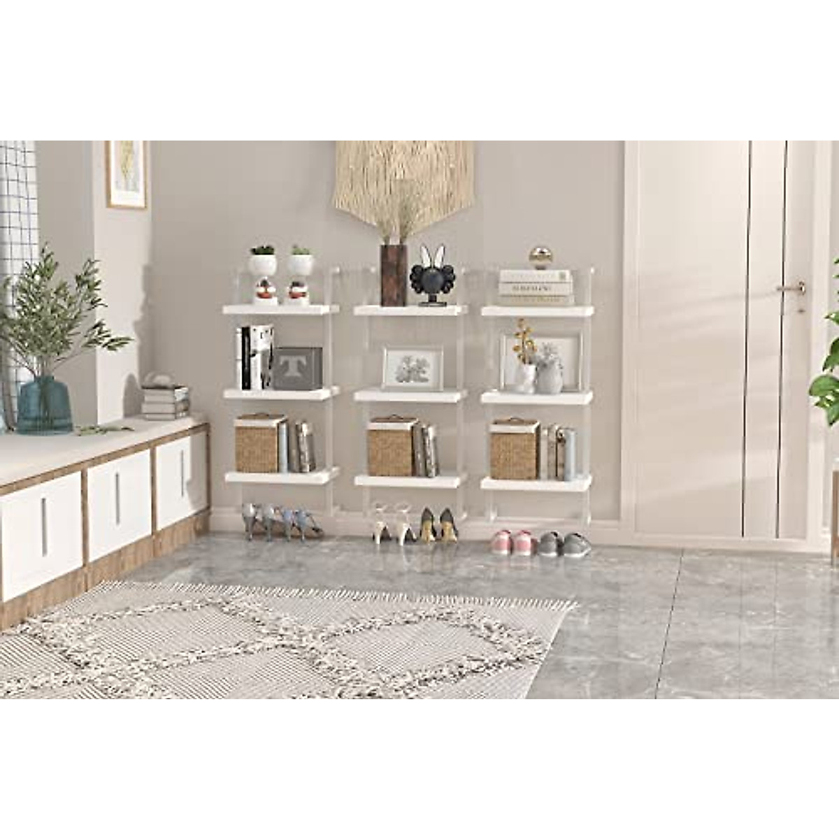 FUSUNBAO Wall Mounted Shelf Organizer Floating Shelves 3 Tiers Bookshlef Wall Hanging Wall Shoe Rack Shelf for Hallway,Living Room,Bedroom,Study Room,Office Room,Bath Room (Pure White-Washed)