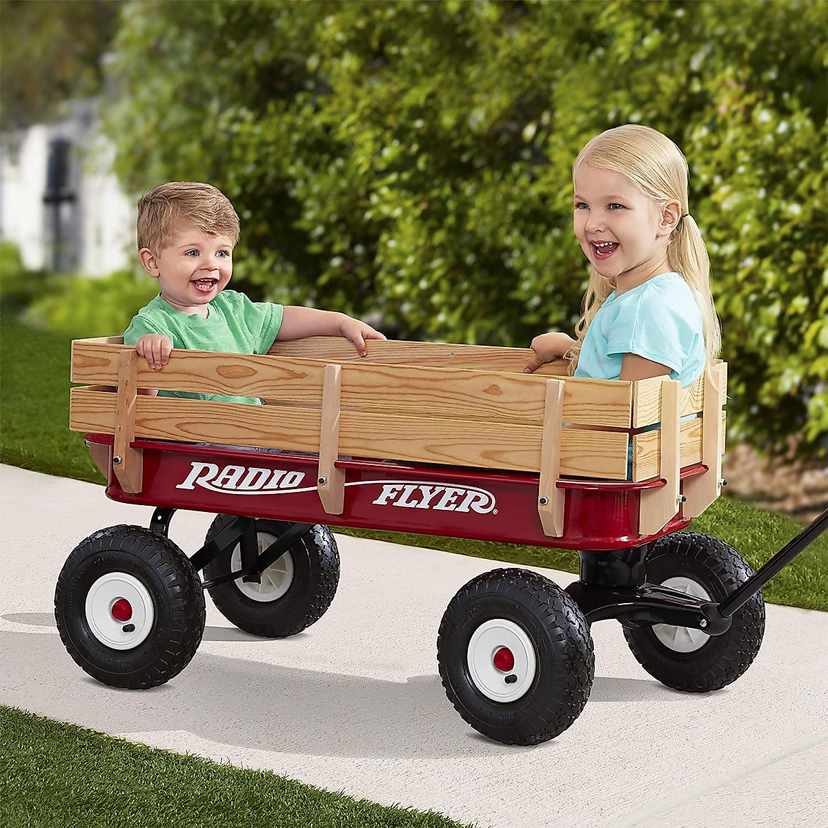 Radio Flyer Full Size All Terrain Classic Steel Pull Along Wagon with Foldable Handle and Wooden Stake Sides for Kids and Cargo, Red