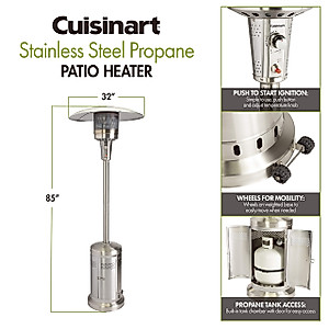 Cuisinart COH-300 Propane Push Start Ignition, 47,000 BTU Burner, Heats up to 200 sq. ft, 32" (L) x 85" (H), Stainless Steel Outdoor Patio Heater