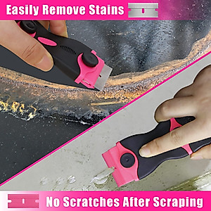 Razor Blade Scraper, THINKWORK 3Pcs Pink Razor Scrapers with 15pcs Metal and 30pcs Plastic Blades, Scraper Tool for Cleaning Paint, Decals, Adhesive, Caulk, Stickers, Glass, Labels, Window, Stovetop