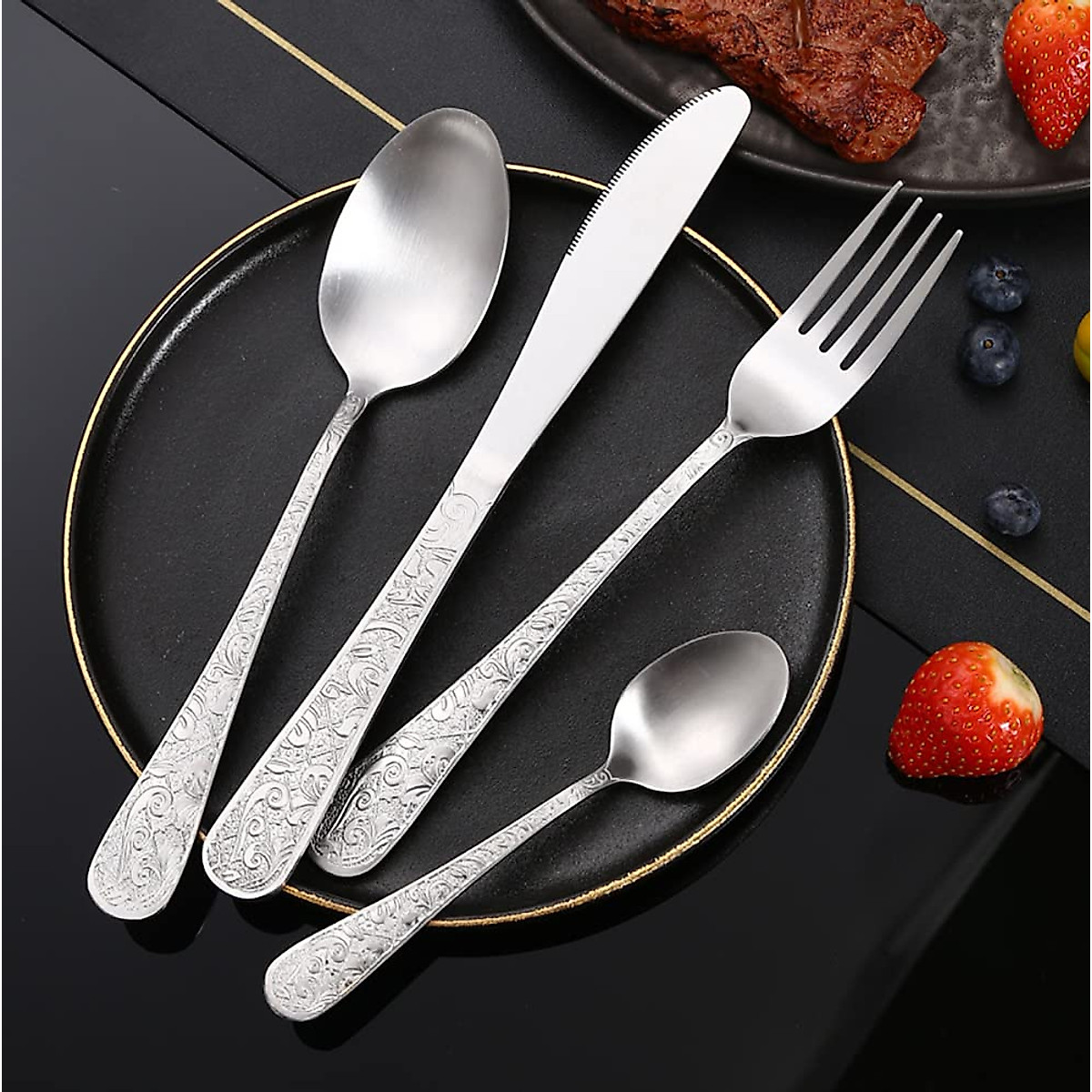 Matte Silverware Set for 8 Premium Stainless Steel Flatware Set Delicate Engraved Floral Decoration 40 Piece Include Knives Forks and Spoons Cutlery Utensils Set for Home Kitchen Party