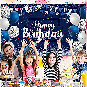 Navy Blue Birthday Confetti Balloons Kit Set 50 Pieces Blue Birthday Photography Backdrop Banner Package for Boys Girls Men Women Birthday Party Decorations Supplies (Navy Blue and Silver)