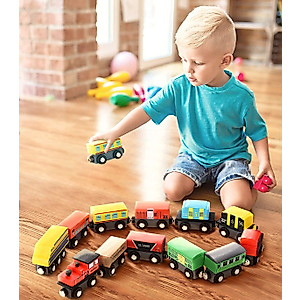 DeXop Toy Train Sets 12 PCS with Box Wooden Train Toys Magnetic Sets for Kids Toddler Gift for Christmas and Birthday for Boys and Girls