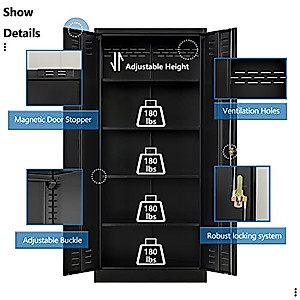 CJF Metal Storage Cabinet, Locked Steel File Cabinet with 4 Adjustable Shelves & Locking System, Tall Metal Garage Cabinet for Office, Home, 70.86" H×31.5" W×15.75" D（Black）