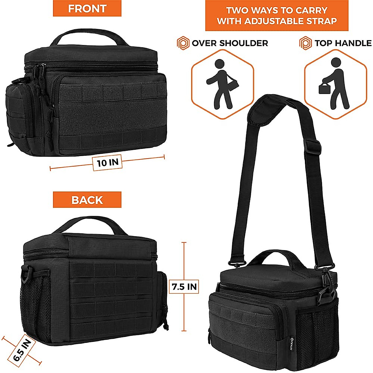 opux Tactical Lunch Box for Men, Insulated Lunch Bag for Men Adult, Large Soft Lunch Cooler with MOLLE Mesh Side Pockets, Heavy Duty Mens Tactical Lunchbox Pail for Work Meal Prep (Black)