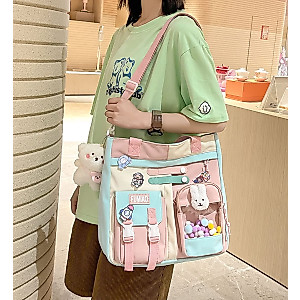Aesthetic Messenger Bag with Kawaii Pins and Pendant for Women Cute Crossbody Bag Shoulder Tote Bag Casual Handbag(Pink &Green, One Size)
