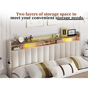 EnHomee Queen Bed Frame with Headboard and 3 Large Drawers, Upholstered Platform Bed Frame Queen Size with Storage, Queen Size Bed Frame with Headboard, Sturdy, No Box Spring Needed, No-Noise, Beige