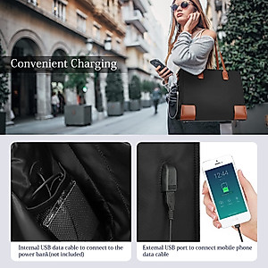 NUBILY Women's Large Black Tote Laptop Bag, 15.6 Inch USB Charging Port, Waterproof Nylon Shoulder Bag