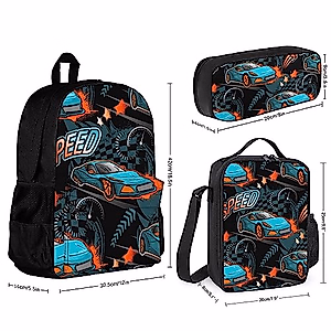 DamTma Cartoon Grunge Car Backpack Set 3 Piece Bookbags Lunchbox Pencil Case Laptop Backpack Travel Backpack 3pcs Backpack