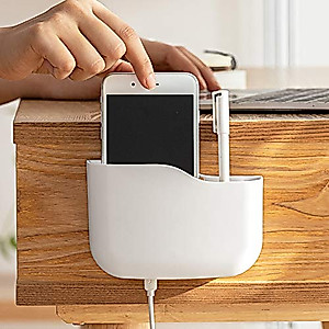 SUNFICON Adhesive Remote Control Holder Wall Mount Media Player Controller Holder Universal TV Remote Organizer Caddy Box Tray Hollow Bottom Slot Easy Phone Charging Home Office Desk Nightstand White