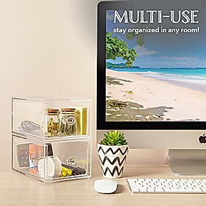 Clear Drawer Organizers - Acrylic, Durable, Stackable, Pull-Out Drawer. Great for Medicine, Cosmetics, Makeup and Bathroom Organization. (4.5" High | 2-PACK)
