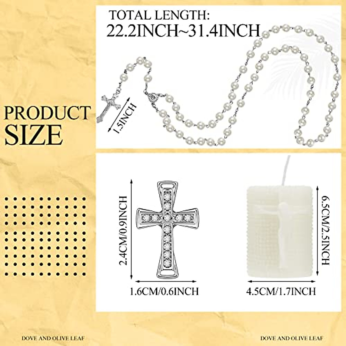 5 Pieces Boys First Holy Communion Accessories Boys Communion Set Including 1 White Tie 1 Folded Handkerchief Embroidered with the Cross 1 Cross Pin 1 Pearl Rosary 1 Cross Candle for Baptism