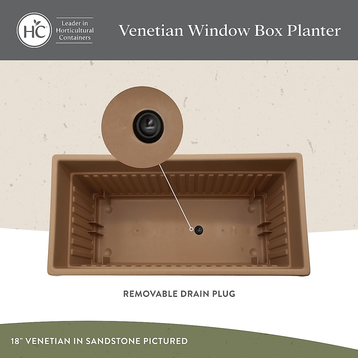 The HC Companies 30 Inch Venetian Rectangular Window Planter Box - Lightweight Plastic Indoor Outdoor Plant Pot with Drainage for Windowsill, Herbs, Flowers, Warm Gray