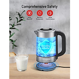 Paris Rhône Electric Kettle, Tea Kettle with 6 Temperature Settings, 1.7L Glass & Stainless Steel Heater, Touch Control, LED Screen, Keep Warm Mode, Boil-Dry Protection, for Milk, Tea, Coffee