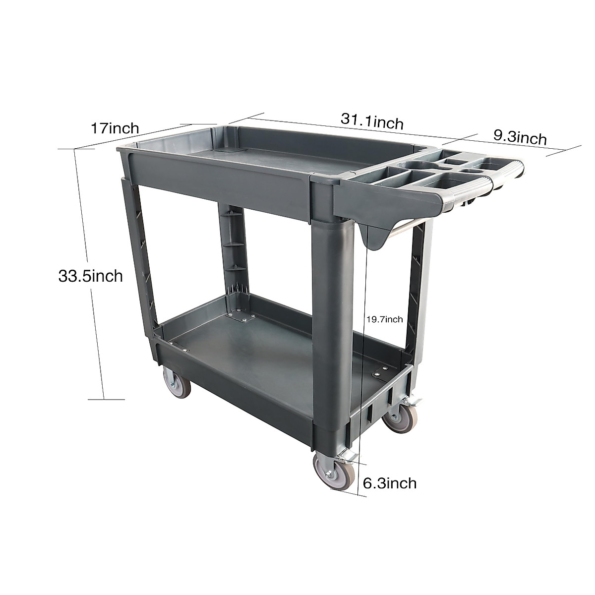 HIGOOD Utility Service Cart, 2-Shelf 500LBS Heavy Duty Plastic Rolling Utility Cart with 360° Swivel Wheels, Lipped Shelves, Ergonomic Storage Handle for Warehouse/Garage