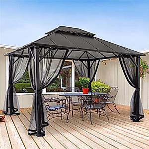 UXZDX 12 ft. x 10 ft. Aluminum Hardtop Outdoor Patio Gazebo with Insulated Double-Roof Hardtop and Netting