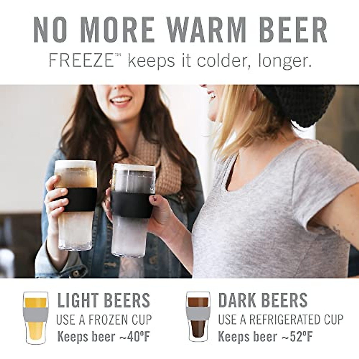 Host Freeze Beer Glasses, 16 ounce Freezer Gel Chiller Double Wall Plastic Frozen Pint Glass, Set of 2, Black
