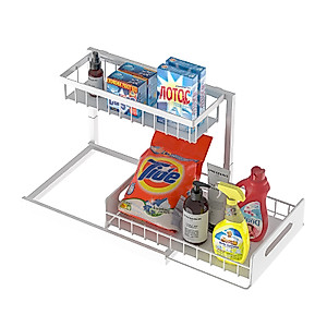 WZMYO Under Sink Organizers and Storage 2-Tier Heavy Duty Metal Slide Out Pull Out Drawers L-Shape Under Cabinet Storage Around Plumbing, for Under Kitchen Bathroom Sink Organizers and Storage(White)