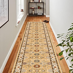 Washable Kitchen Runner Rug - 2'6''x12' Hallway Rug Distressed Mats Non-Slip Soft Room Floor Carpet for Dining Room (Gold, 2'6'' x 12')