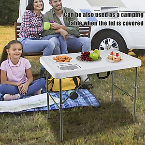 Giantex Fish Cleaning Table w/ 2 Sinks, Faucet, Hose Hook Up, Portable Folding Camping Table w/Measure Mark, Outdoor Fillet Cleaning Station for Fishing Beach Picnic (with Water Hose Holder)