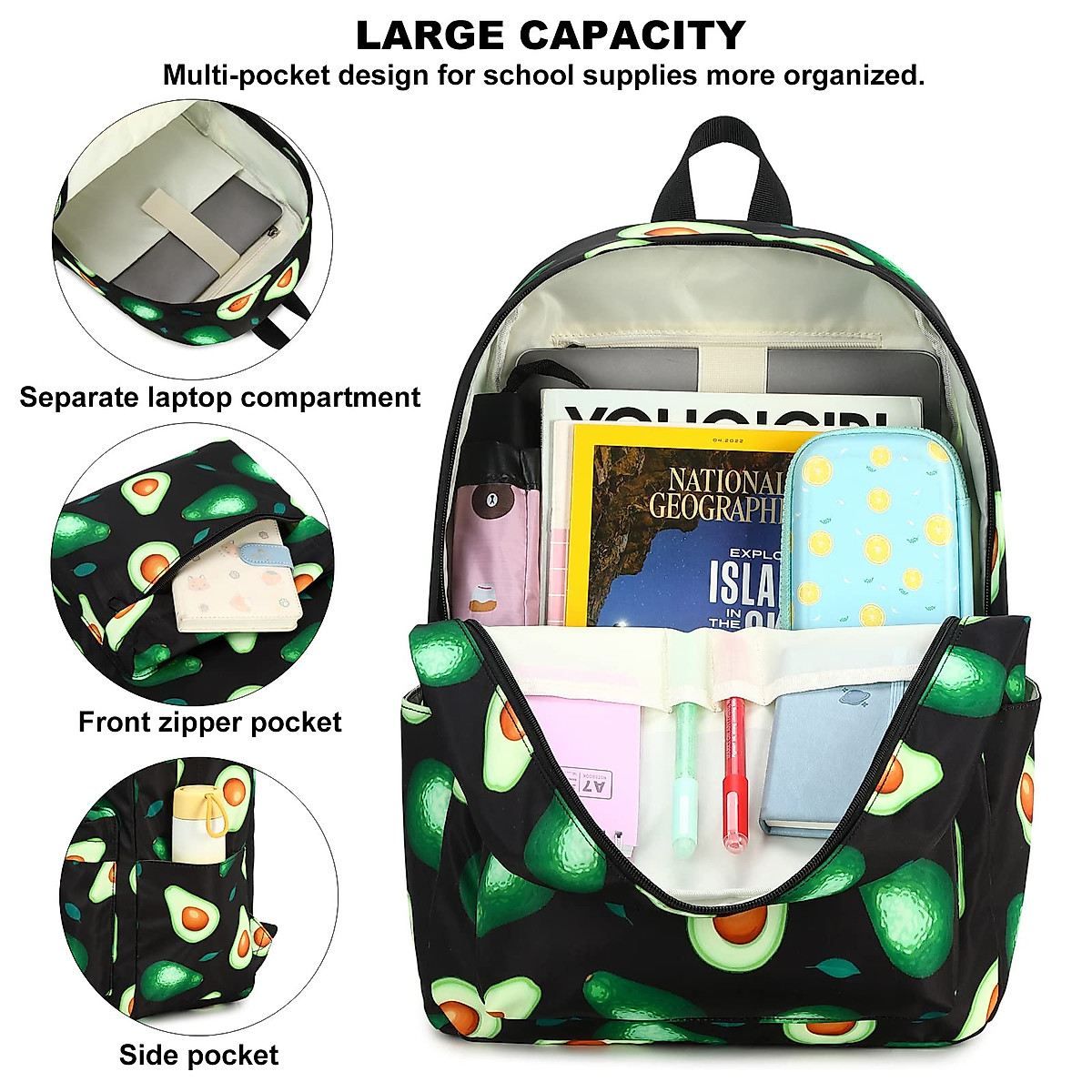 Esfoxes Avocado School Backpack for Girls, Kids Teens School Bags Bookbags Set with Lunch Bag Pencil Bag