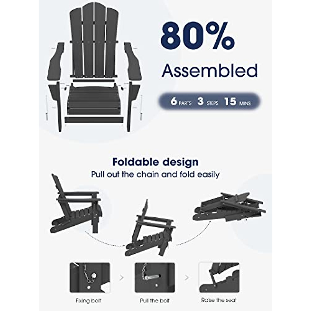 KINGYES Folding Adirondack Chair, HDPE All-Weather Folding Adirondack Chair, Grey