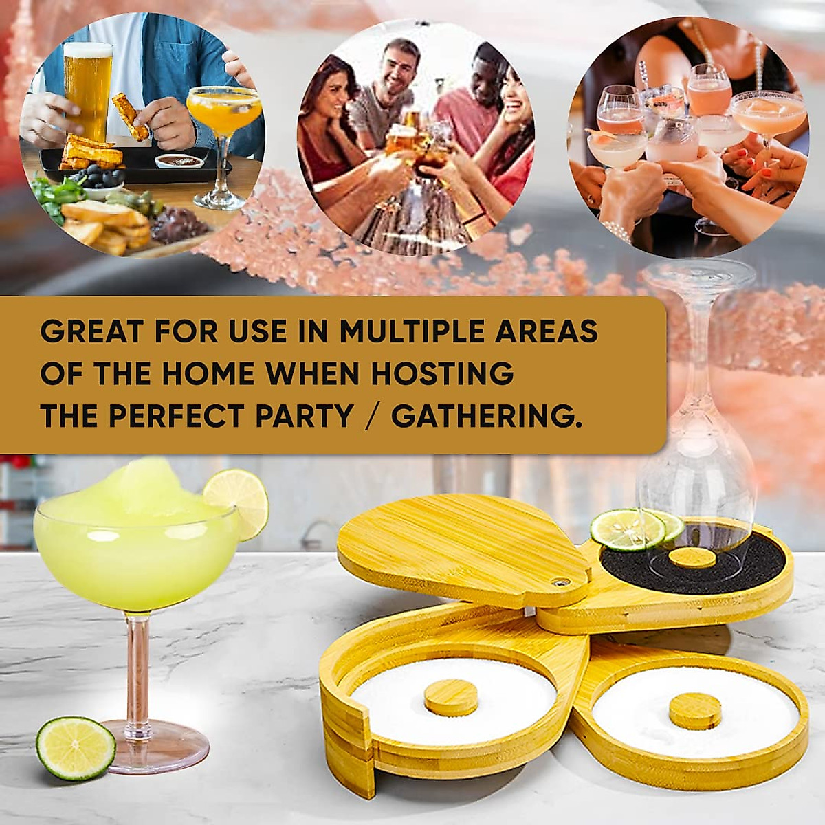 PJ DECOR Margarita Salt Rimmer Set - Salt Rimmer for Cocktails - Cocktail Rimmer - Margarita Rimmer - Margarita Cocktail Set, 3 Bamboo Bar Salt and Sugar Rimmer 5.5 Inches, Margarita Glass Rimmer