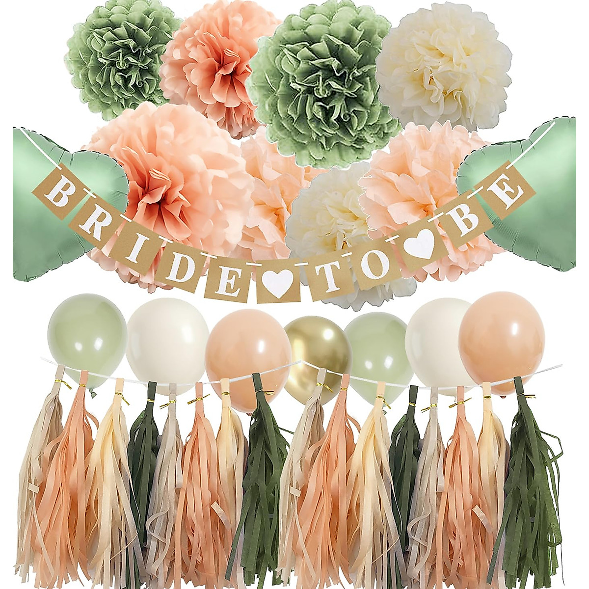 Bridal Shower Decorations Sage Green - Peach Olive Green Boho Bachelorette Party Decorations with Balloons Tissue Paper Flower Pompoms and Tassel Garland (Sage green + Peach)
