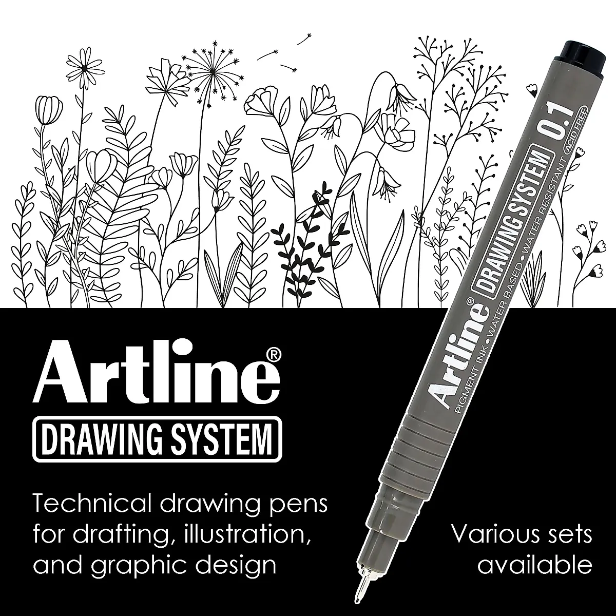 Artline 230 Drawing System Pens, Technical Drawing Pens For Drafting, Illustrating, and More, 0.1mm, 0.2mm, 0.3mm, 0.4mm, 0.5mm, and 0.8mm Fine Tips - Black, 6-Pack