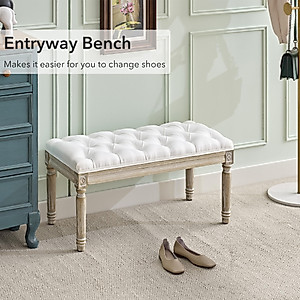 LOULENS French Vintage Bench, Linen Fabric Entryway Bench, Upholstered Tufted End of Bed Bench with Brushed Wood Legs, White