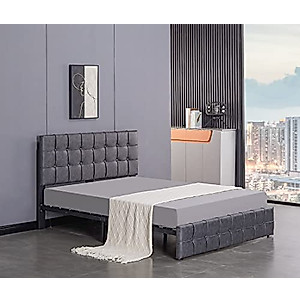 OPTOUGH Queen Size Upholstered Platform Bed Frame with Lights and Height Adjustable Headboard, Square Stitched Button Tech Cloth, No Box Spring Needed,Noise-Free,Grey