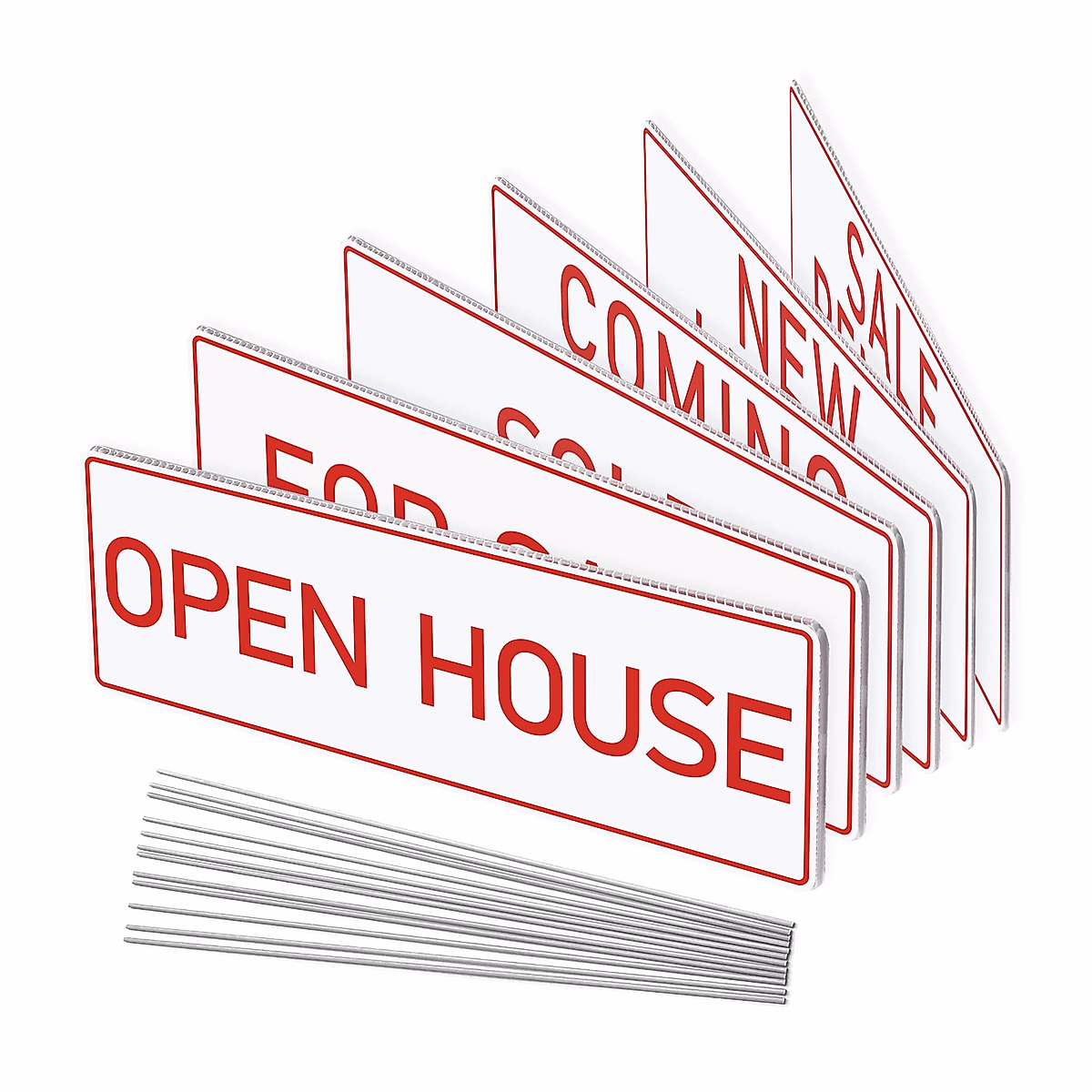Bundle of Real Estate Rider Signs with Stakes, 6 Pack Double-Sided 6"x17.2" FOR SALE, OPEN HOUSE, SOLD, COMING SOON, SALE PENDING, NEW LISTING-Waterproof Corrugated Plastic