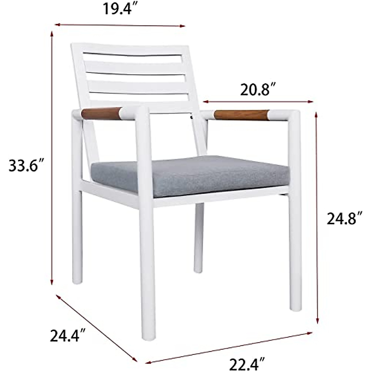 JP Outdoor Patio Dining Chair Set of 6, White Stackable Cast Aluminum Armchair with Grey Cushion, for Indoor Living Room or Outdoor Lawn, Garden, Courtyard, Bistro