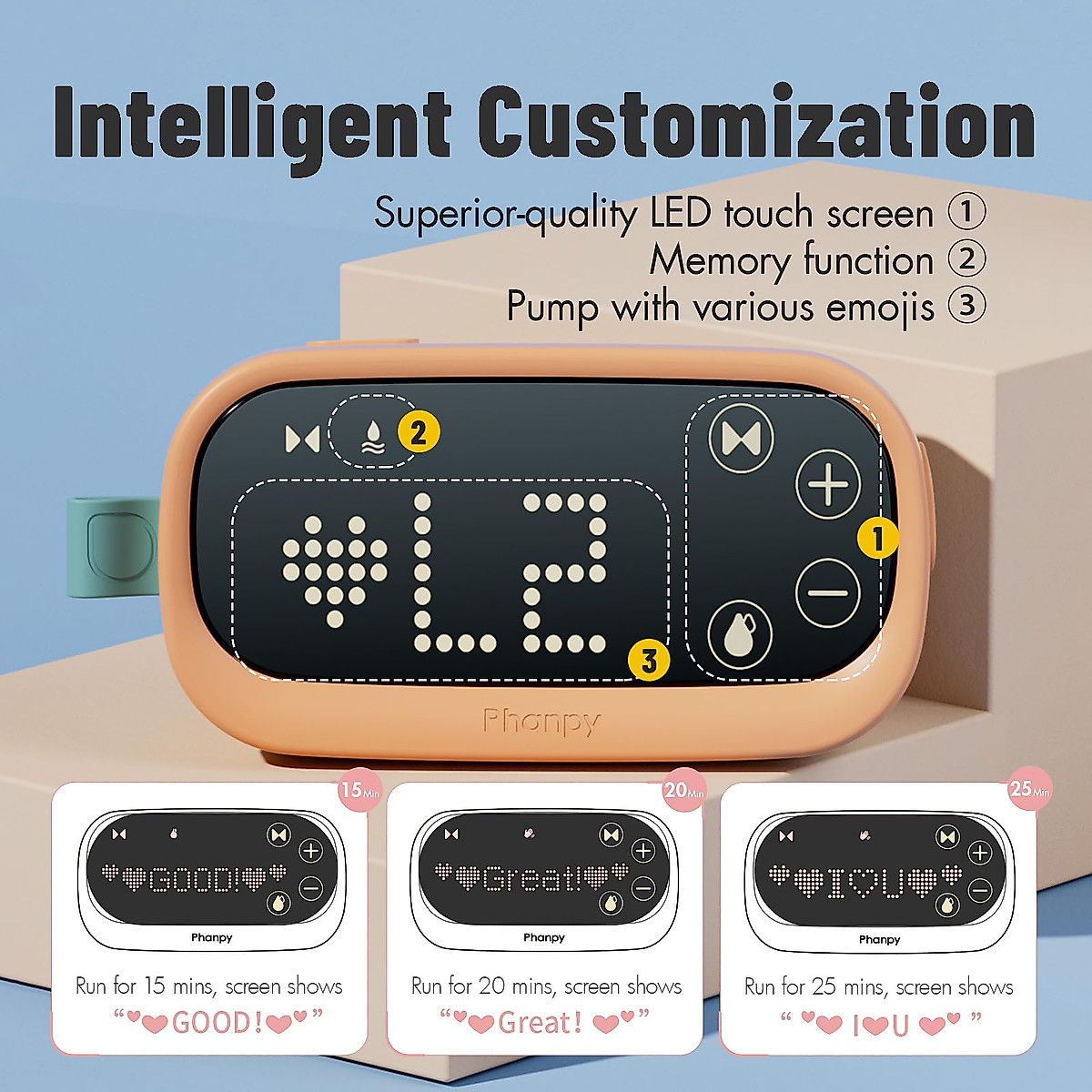 Phanpy Hands-Free Breast Pump E-Shine, Anti-Backflow Design, Smart LED Display with Various Emojis and Memory Function, Low Noise, 4 Modes 8 Levels Portable Wearable Breast Pump, 24mm&20mm Flange