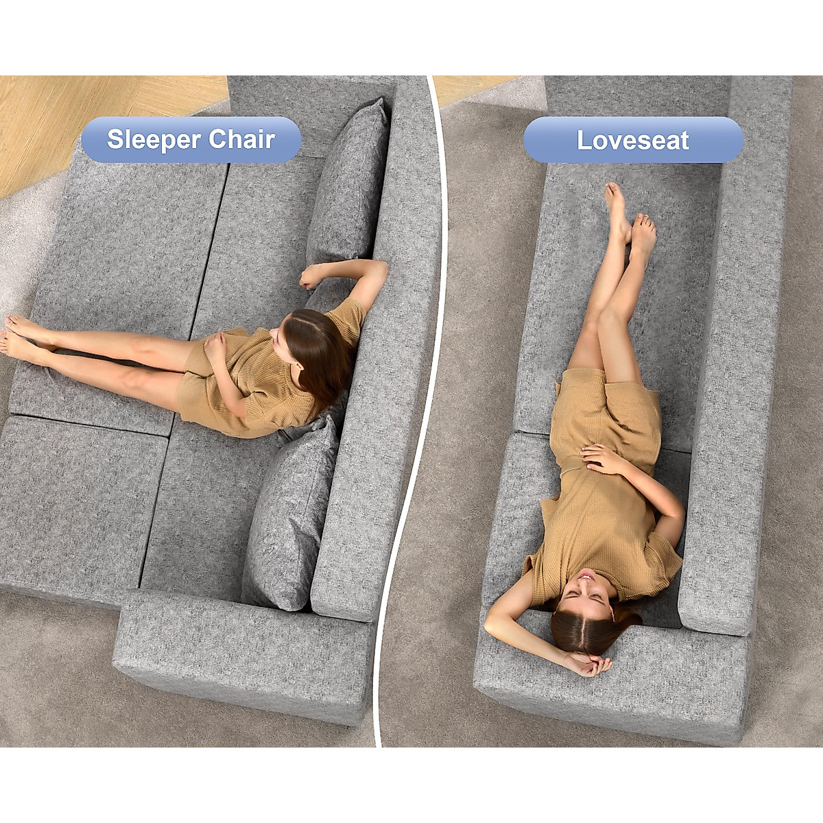 Hobestluk Folding Sofa Bed Couch Convertible Floor Sofa Beds for Adults Foldable Sleeper Sofa Lounge with Three Pillows for Living Room Fold-Out Floor Chair Beds for Bedroom Apartment Office(Grey)