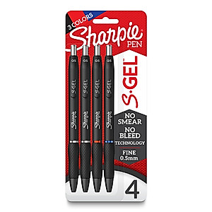 Sharpie S-Gel Retractable Gel Pen, 0.5mm Fine Point, Assorted Ink, 4/Pack