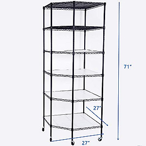 WEI WEI GLOBAL 6 Tiers Polygonal Corner Shelf, Metal Storage Standing Rack w/Wheels, Wire Shelving Unit for Kitchen, Garage and Living Room (Black)