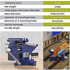 Nuovoware Heavy Duty Bench Vise 4.5 Inch, 240° Swivel Locking Base Bench Clamp with 125mm Vise Jaw, Clamp-on Home Merchanic Vice Desktop Clamp for Woodworking, Drilling, Cutting Conduit -Blue + Blue