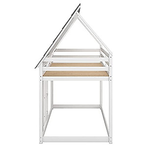 Harper & Bright Designs House Bunk Bed for Kids, Low Bunk Bed Twin Over Twin, Wood Toddler Bunk Beds Frame with Roof and Ladder for Girls Boys, White
