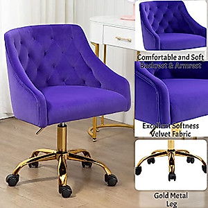 MOJAY Velvet Office Swivel Chair, Vanity Chair, Fabric Desk Chair, Pretty Fancy Chair, Gold Office Chair for Girls, 360°Swivel Height Adjustable Reception Chair (Purple)