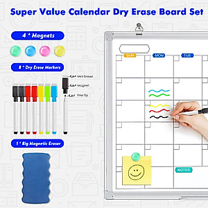 Dry Erase Calendar Whiteboard for Wall, 36" x 24" Magnetic Monthly WhiteBoard Calendar Dry Erase, Wall Hanging Aluminum Frame Calendar Board with Tray for Home, School, Office (Silver Frame)