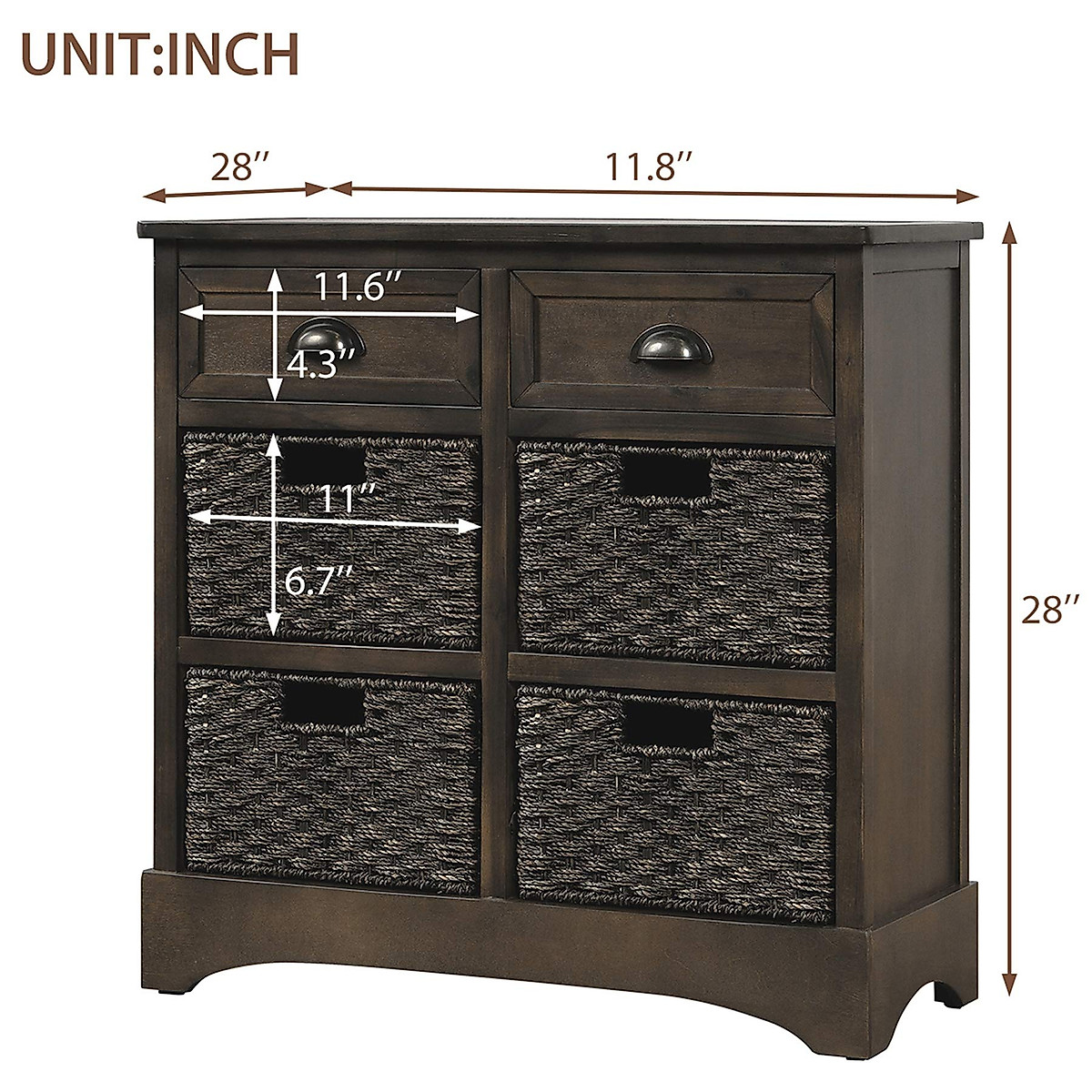 P PURLOVE Storage Cabinet Retro Style Storage Unit with 2 Drawers and 4 Baskets for Home Entryway Living Room (Dark Brown)