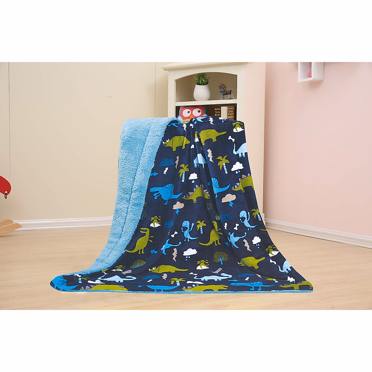 Marina Decoration Reversible Rich Printed Woven Fluffy Plush Soft Warm Flannel Fleece Sherpa Kids Children Blanket, 30 x 40 Inch Green Blue Color Dinosaur Zoo with Navy Blue Base Pattern