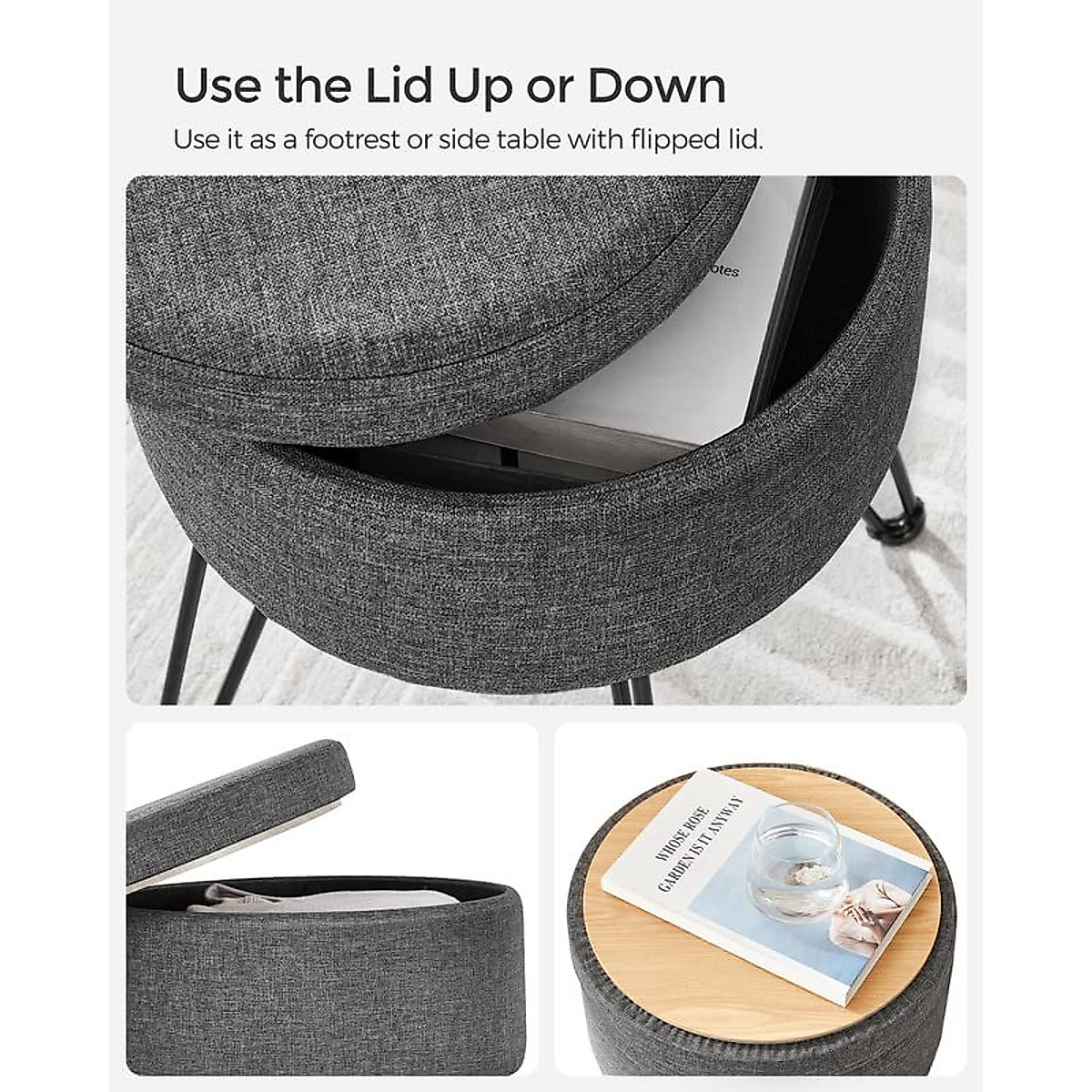 SONGMICS Vanity Stool Chair, Small Ottoman Stool with Storage, Vanity Chair, 12.2 Dia. x 16.9 Inches, 4 Metal Legs, for Makeup Room, for Living Room, Bedroom, Dark Gray ULOM002G01